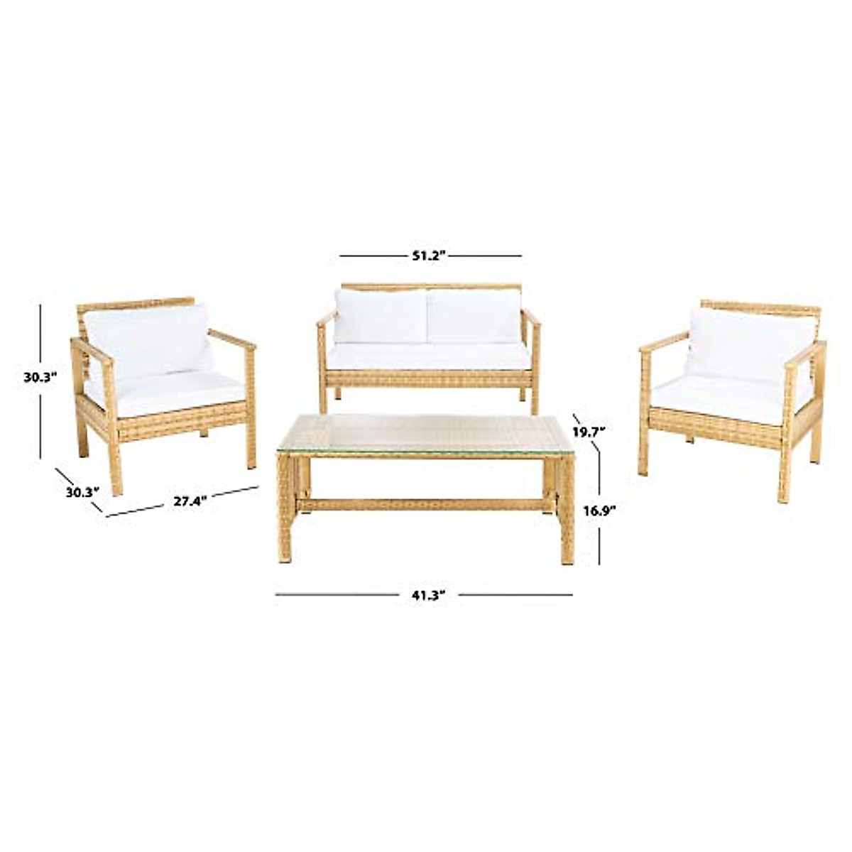 Safavieh Outdoor Collection Garnen Wicker Cushion 4-Piece Living Set PAT7714D, Natural/White