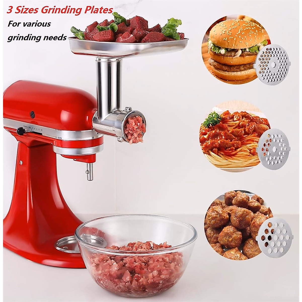 KINGEAGLE Food Grinder Attachment for KitchenAid Mixers,Stainless Steel Dishwasher Safe Meat Mincer Accessories Set Included 3 Sausage Stuffer Tubes