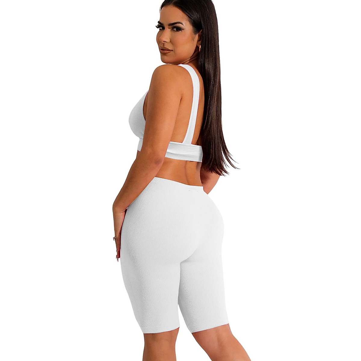 Plilima Casual Workout Sets Two Piece Outfits for Women Ribbed Crop Tank Top High Waist Leggings Yoga Outfits Short Sets XL