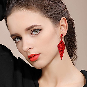 EVER FAITH Women's Crystal Elegant Banquet Multi-layered Rhombus Dangle Pierced Earrings Red Red-Tone