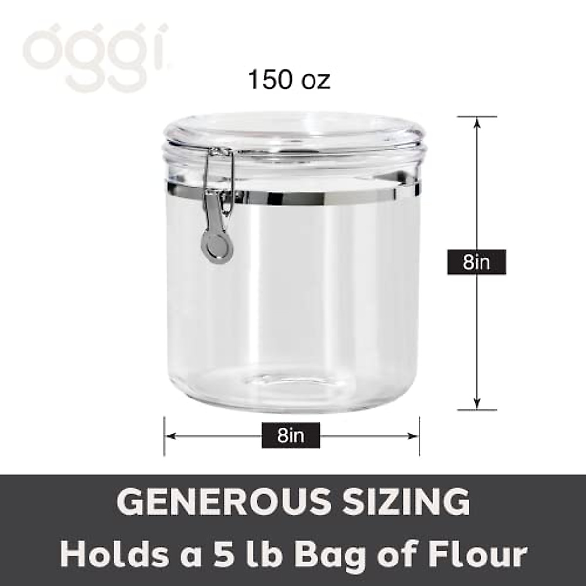 Oggi Jumbo Clear Canister with Clamp Lid, 150 oz - Airtight Food Storage Container, for Kitchen & Pantry Storage of Bulk, Dry Foods Including Pasta, Flour, Sugar, Coffee, Rice, Tea, Spices & Herbs