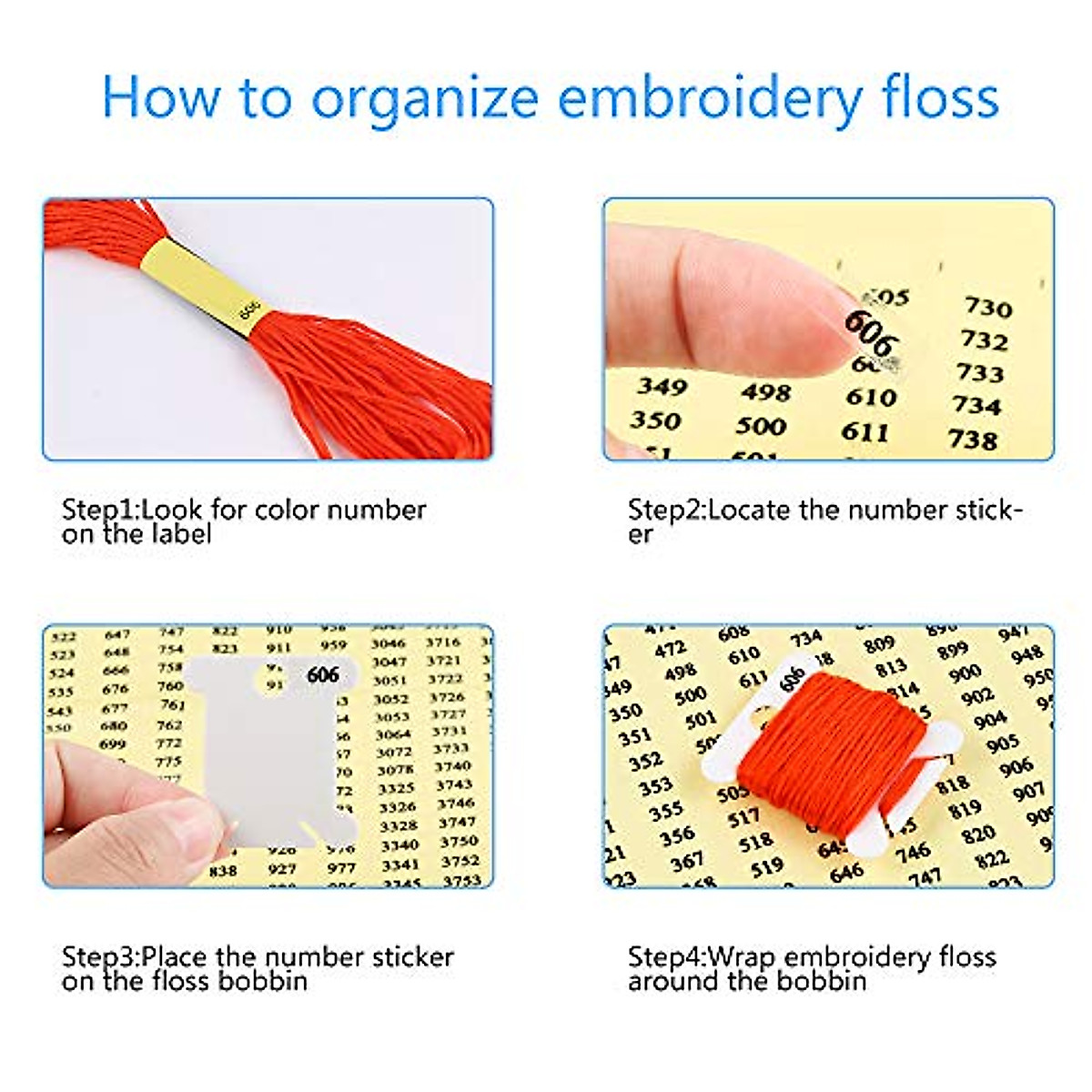 Caydo 36 Grids Plastic Embroidery Floss Cross Stitch Organizer Box with 124 Hard Plastic Floss Bobbins, 552 Floss Number Stickers and 165Blank Stickers(Full Set)