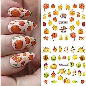 Fall Nail Art Stickers Thanksgiving Nail Decals Maple Leaf Turkey Water Transfer Nail Sticker Autumn Design Nail Art Supplies Acrylic Nail Accessories for Women Girls Thanksgiving Day Nail Decoration
