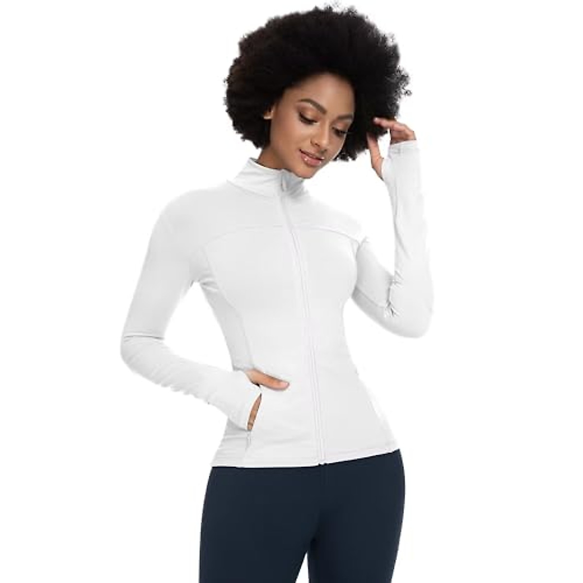 QUEENIEKE Womens Sports Jacket Turtleneck Slim Fit Full-Zip Running Top Size M White