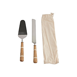 Creative Co-Op Stainless Steel Cake Knife & Server with Wood & Horn Inlay Handle and Bag (2 Pieces)