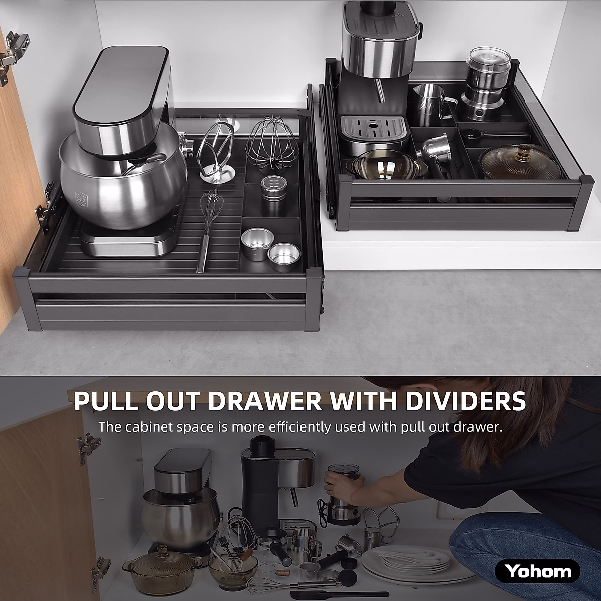 YOHOM Pull Out Cabinet Organizer Sliding Shelf for Kitchen Slide Out Pantry Drawer Full Extension Under Sink Roll Out Tray with Dividers 20" W x 21" D