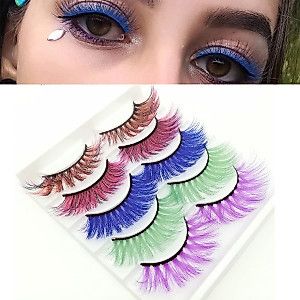 Colored Lashes Halloween Colorful Eyelashes Easter Faux Mink False Eye Lashes With Color Cosplay Long Dramatic Party Fake Eyelashes Extensions Makeup Tools 5 Pairs (MQ3-15MM)