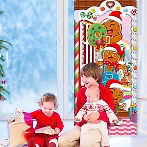 Christmas Door Cover Decorations Gingerbread House Door Cover Gingerbread Man Christmas Door Backdrop Banner Xmas Door Hanging Banner for Christmas Winter Party Ginger Bread Holiday Xmas Eve Supplies