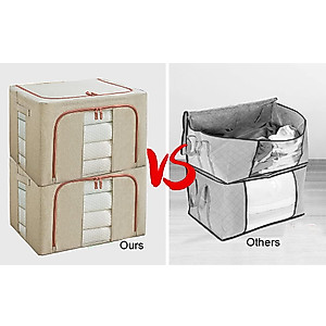 2 pack 66L foldable stackable storage box, steel frame clothes bag, bedroom container with 2 clear windows, 3 steel frames, 2 zippers, 2 reinforced handles ,thick linen fabric, waterproof,(2X66L, beige) for closet, comforters, blankets, bedding, quilt.