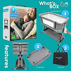 SereneLife Baby Bassinet, Bedside Sleeper for Infant & Newborn, Baby Bed for Safe Co-Sleeping, Easy Folding Portable Crib w/Storage Basket, Adjustable Height, Wheels, All Mesh, w/Travel Bag (Grey)