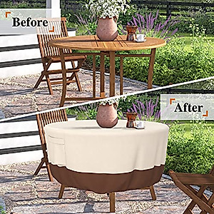 Patio Furniture Covers, Heavy Duty Round Patio Table Cover (84D x 28H Inch) Outdoor Dining & Coffee Table Cover for Veranda, Lawn, Table, Chair-Waterproof & Weather Resistant, Anti UV - Beige & Brown