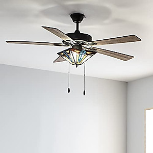 RIVER OF GOODS Tiffany-Style Stained Glass Ceiling Fan - 52" L x 52" W - Rich Barnwood/Light Driftwood Fan Blades