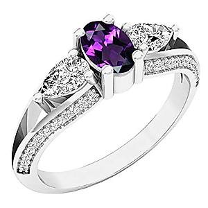 Dazzlingrock Collection 10K 6X4 MM Oval Amethyst, Pear White Sapphire & Round Diamond 3 Stone Ring, White Gold, Size 4