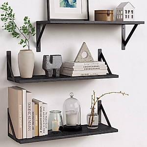 Black Floating Shelves 24 inches Long Set of 3, 24 x 8 Inch Deep Bathroom Wall Shelves Over Toilet for Towels, Connect 2 or 3 Wood Shelves as 48 or 72 Inch Wide for Bedroom Kitchen Closet