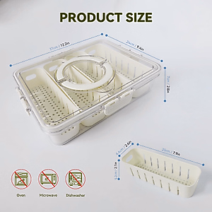 LEEHEZLY Food Storage Container for Fridge, Portable White Plastic BPA-free Box, Divided Serving Tray with Lids and Handle, Keep Fruits and Vegetables Fresh with 4 Removable Colanders (Short)