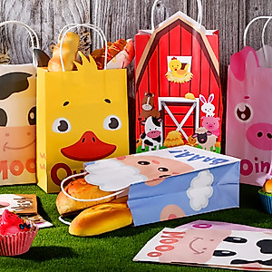 Tallew Farm Animal Party Favor Bags with Handles, Barnyard Birthday Gift Treat Goody Bags Kraft Paper Candy Gift Bag for Kids