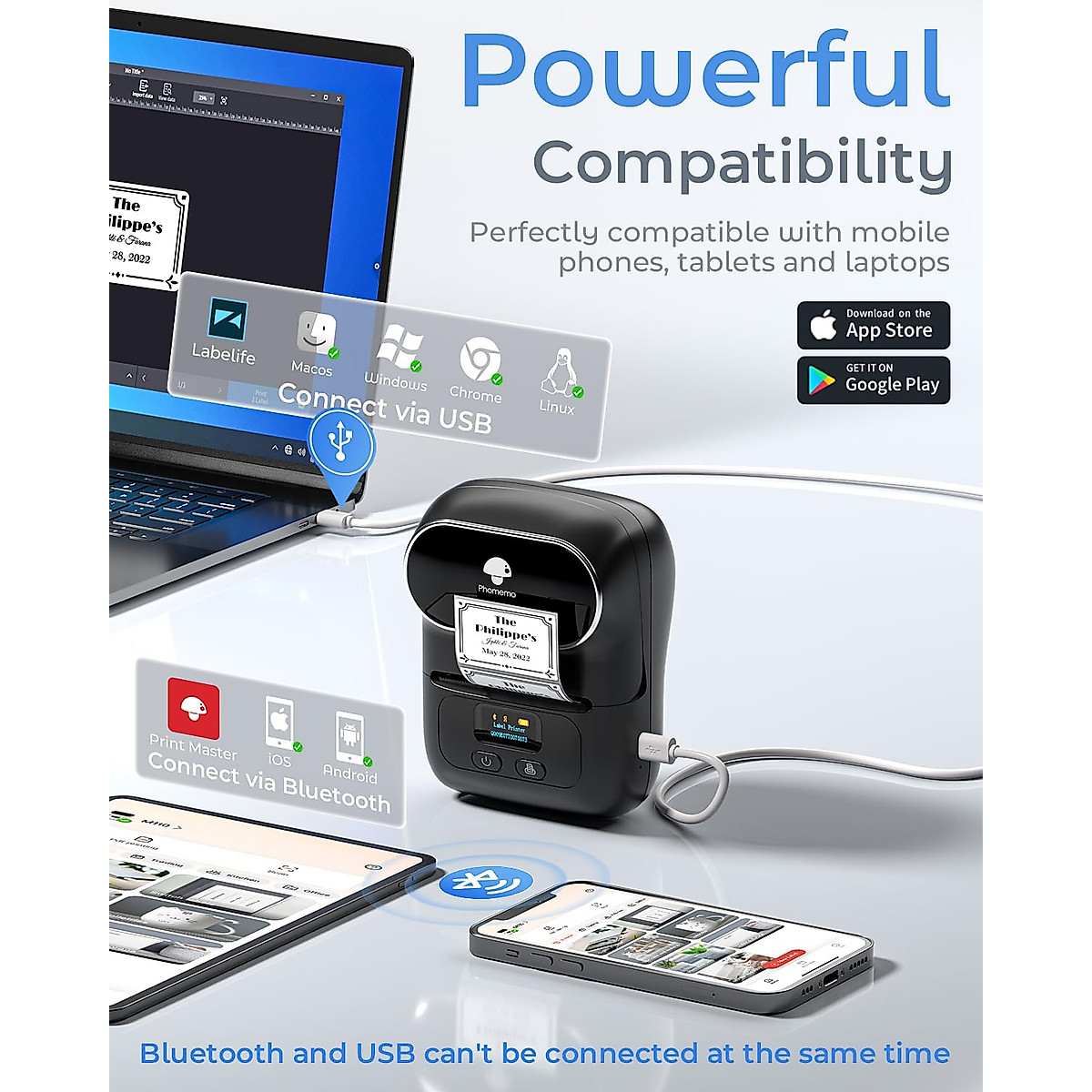 Phomemo M110 Label Makers - Portable Bluetooth Thermal Label Maker Printer for Barcode, Clothing, Jewelry, Retail, Mailing, Compatible with Android & iOS System, with 1pack 40×30mm Label, Black