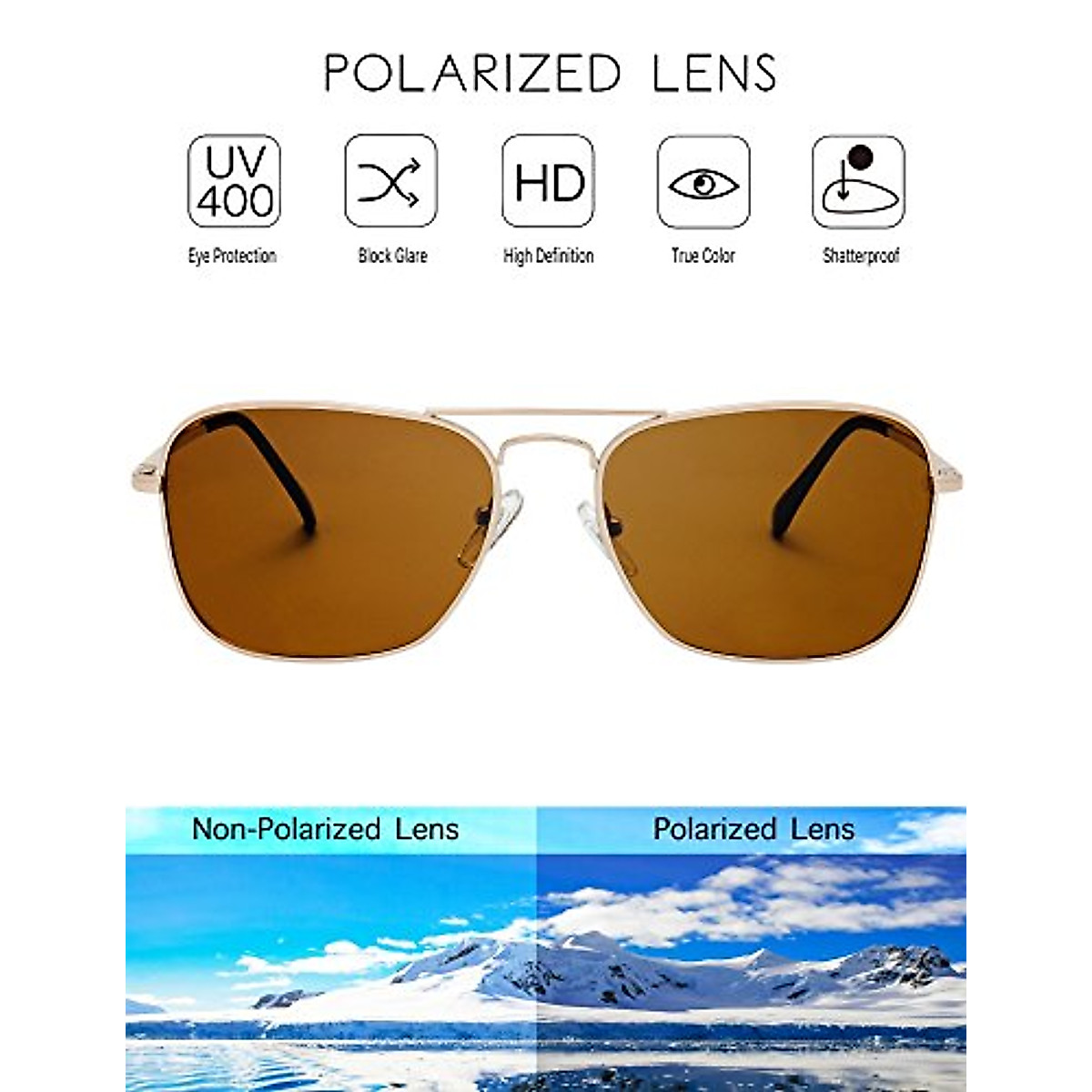The Fresh Sunglasses for Men, Polarized, Rectangular Metal Frame, Ultra Lightweight, UV400 Protection (1-Gold, Brown)