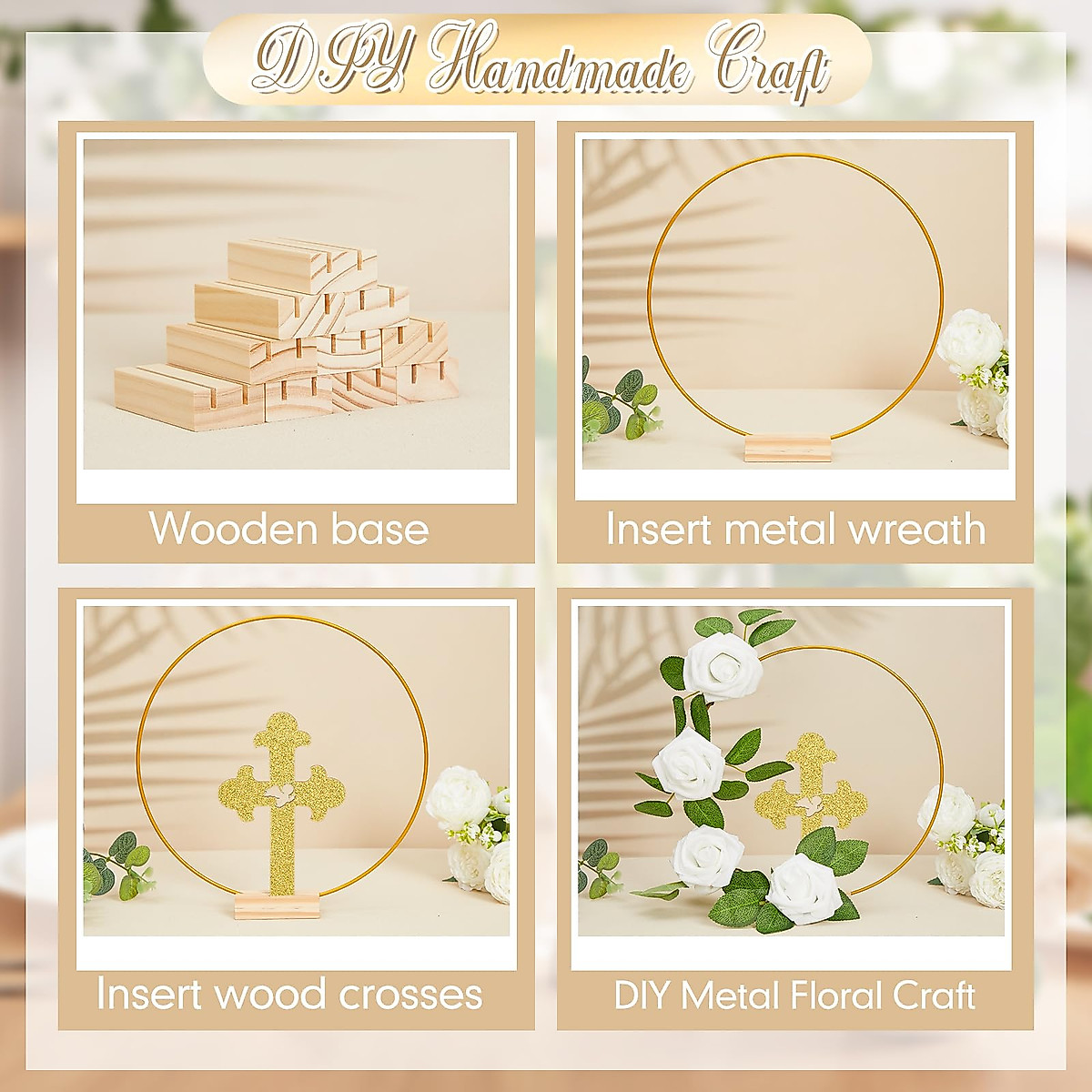 Wesiti 48 Pcs Baptism Centerpiece Decoration for Table 12 Wood Cross 12 Metal Floral Hoop Centerpiece with Stand 24 Foam Rose with Stem for Baptism Baby Shower Wedding(Gold and White,Stylish)