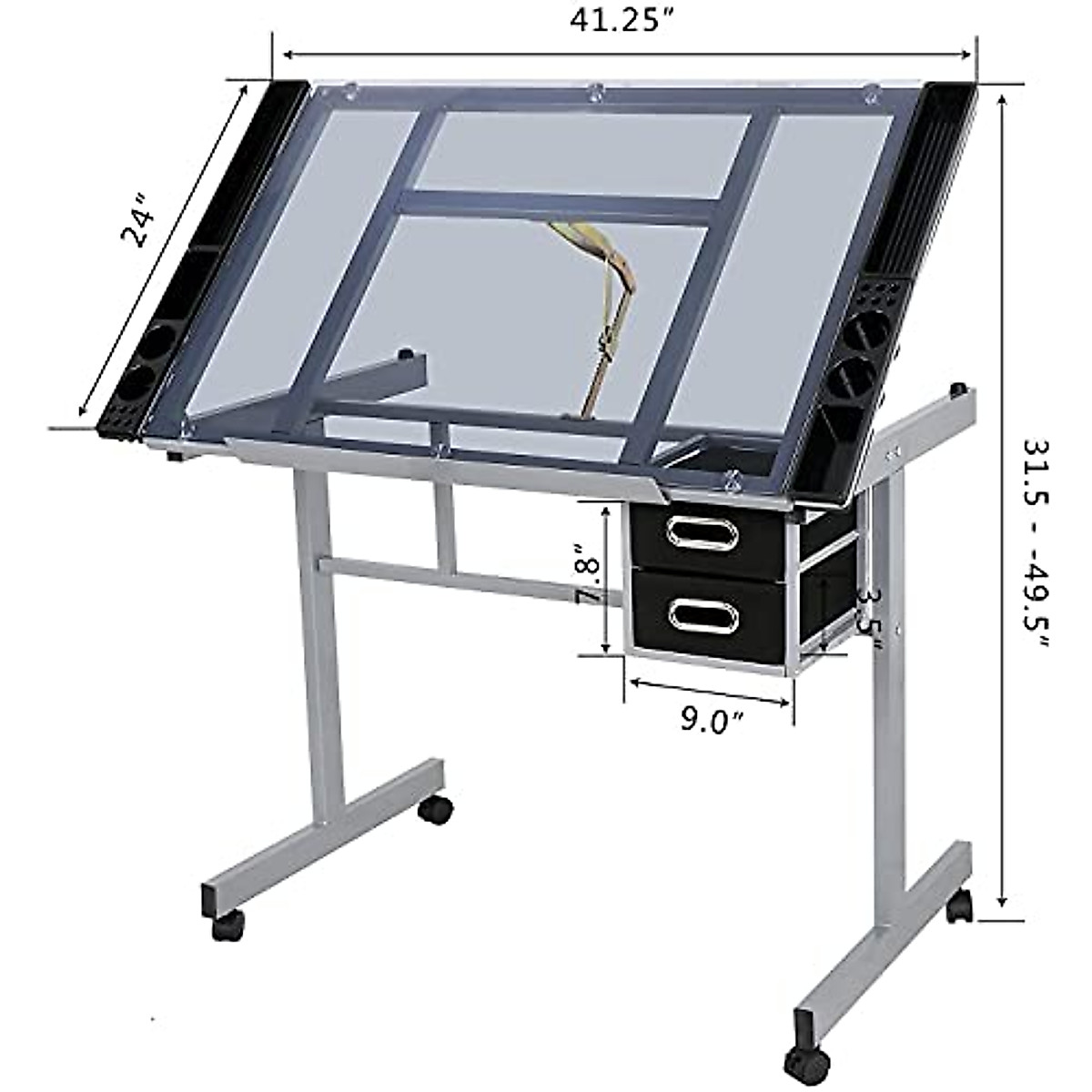 JupiterForce Adjustable Drafting Table Drawing Desk Art Desk Versatile Art Craft Work Station Glass Tabletop w/2 Slide Drawers and Wheels for Reading, Writing, Painting Home Office