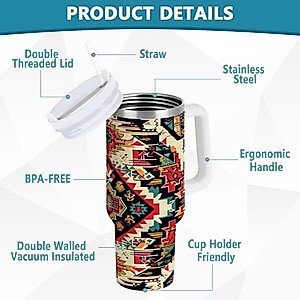 Jihqo Indian Ethnic Pattern 40 oz Stainless Steel Vacuum Insulated Tumbler with Handle and Straw Lid, Leakproof Water Bottle Double Wall Travel Mug Coffee Cup, Cupholder Friendly