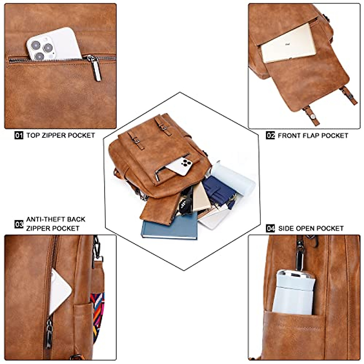 HKCLUF Backpack Purse for Women Vegan Leather Travel Backpack Multipurpose Design Convertible Satchel Bag Handbag and Purse 2Pcs Pack Backpack with Tassel(Brown)