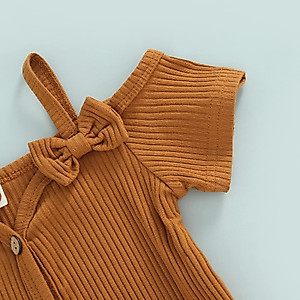 Lefyira Cow Print Bell Bottoms Baby Girl Off Shoulder Short Sleeve Romper Rib Knit Button Bodysuit Flare Pants Headband Outfit (Brown, 0-6 Months)