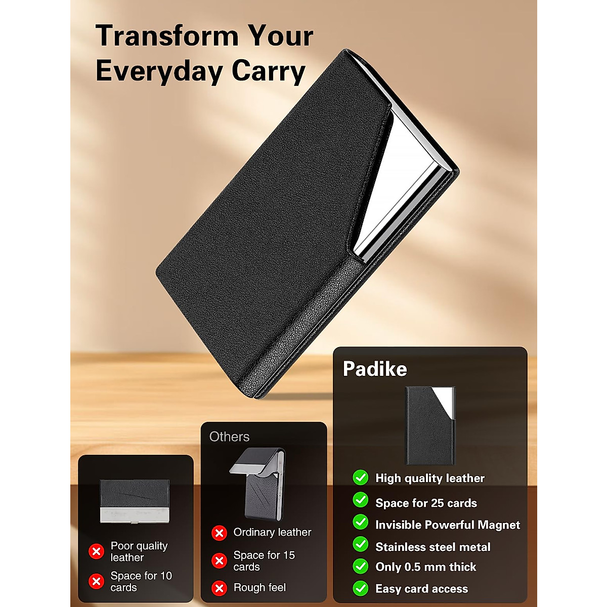 Padike Business Card Holder, Upgraded Leather Business Card Case Pocket Card Holders for Men or Women, Metal Slim Name Card Holder RFID Blocking Business Card Carrier with Magnetic Closure(Black)