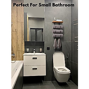 Towel Rack Wall Mounted for Bathroom, IRIIJANE Metal Bath Towel Holder Storage Hand Towels w/Wood Shelf and 3 Hooks for Small Bathroom Organizer Decor or RV Camper, Black