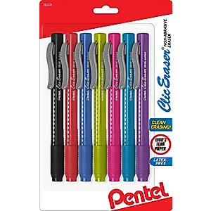 Pentel Clic Eraser, Retractable Pen Style Grip Eraser, Pack Of 7 Assorted Colors Pentel Click Erasers, Big Eraser For Drawing, Art, Drafting & Sketching For Adults & Kids Office & School Supplies.