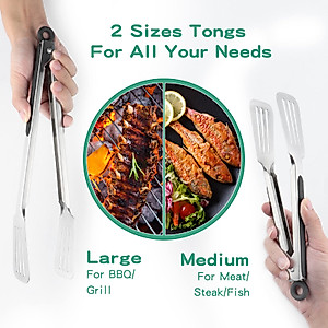 Lebabo Metal Tongs for Cooking, Set of 2 Stainless Steel Spatula Tongs for Grilling, Cooking and Flipping, Strong Grip for Ribs, Steak and Fish, Comfortable Grip, Easy Pull Lock, 9 inch & 12 inch