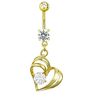 Forbidden Body Jewelry 14kt Gold Plated Surgical Steel CZ Simulated Diamond Double Heart Dangle Belly Button Ring