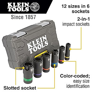 Klein Tools 66090 1/2-Inch Impact Socket Set, 2-in-1 Slotted Design, 12-Point Deep Sockets, for Impact Wrenches, Includes Tool Case, 6-Piece