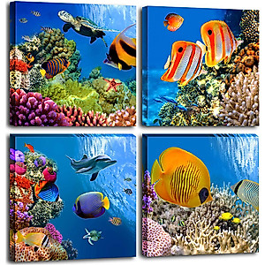 Bathroom Canvas Wall Art Sea Turtle Wall Decor for Living Room Colorful Fish Coral Dolphin Ocean Theme Underwater World Pictures for Bedroom Navy Seascape Artwork Framed Nautical Wall Decor
