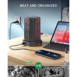 Power Strip Surge Protector, 10 Ft Extension Cord with 12 AC Multiple Outlets 4 USB (1 USB C), SMALLRT Power Tower Desktop Charging Station, Home Dorm Room Office Essentials, Desk Accessories Black