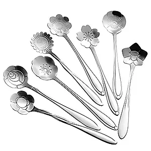 AnSaw 8 Pcs Flower Spoon Set, Stainless Steel Reusable Tea Scoops Stirring Spoon Coffee Spoon Mixing Spoon Sugar Dessert Cake Spoon Ice Cream Spoons Tableware for Tea Parties (length:4.9 inch, Silver)