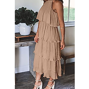 ZESICA Women's 2023 Summer Sleeveless Halter Neck Ruffle Tiered Layed Chiffon Flowy Swing Long Midi Dress,Khaki,Large