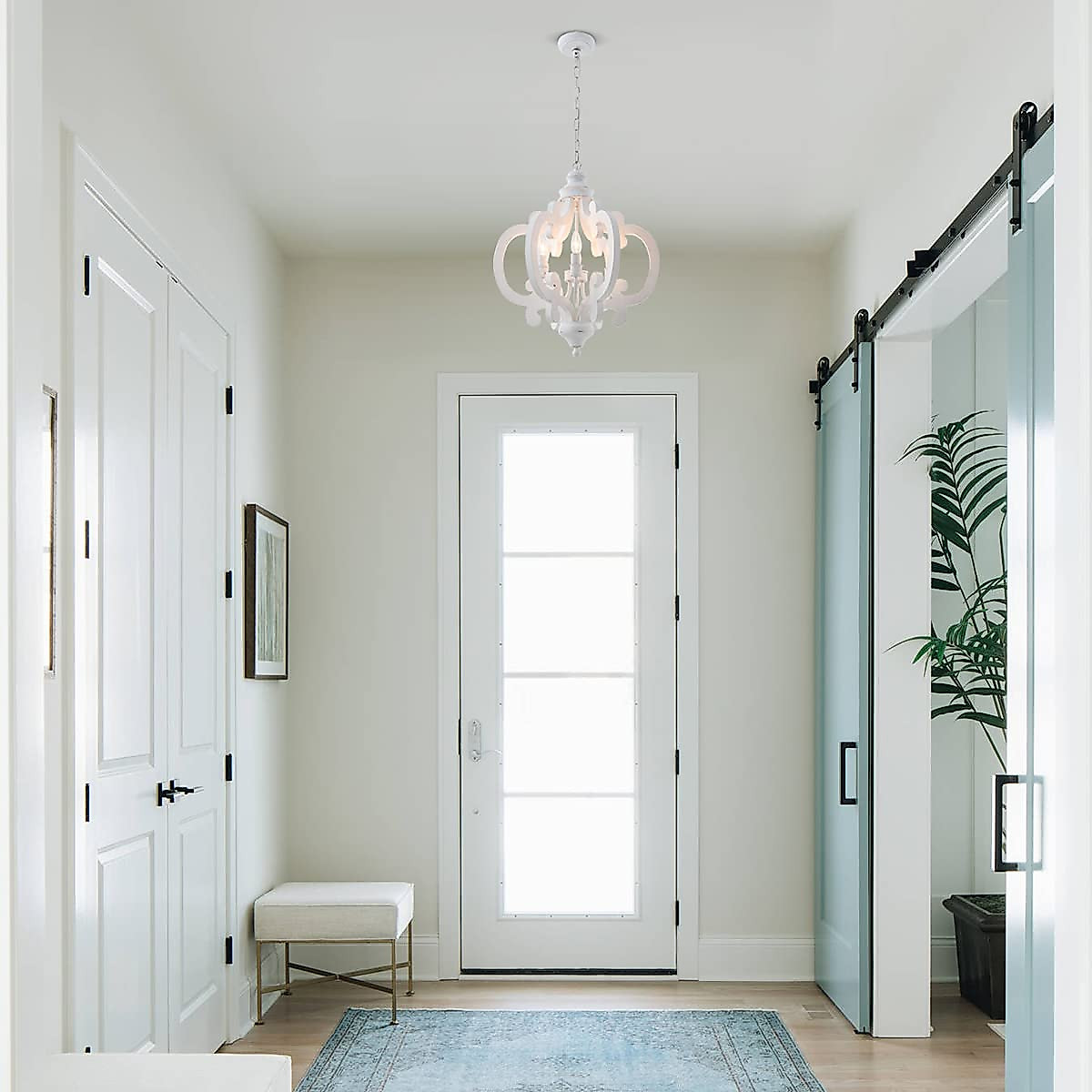 ELYCCUPA Farmhouse Chandelier 6 Candle Lights Distressed White Cottage Wood Chandelier Light Fixture Vintage Rustic Pendant Light for Dining Room Kitchen Bedroom Hallway Living Room, 21 INCH