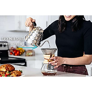 Barista Warrior Gooseneck Kettle for Pour Over Coffee and Tea with Thermometer for Exact Temperature, Precision Pour Drip Spout, Stainless Steel, Compatible with all Stove Tops (1.2 Liter, 40 fl oz)