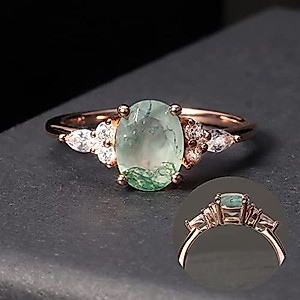 Women Gifts Natural Oval Green Moss Agate Rose Gold Engagement Ring Sterling Silver Women's Gold Rings Moss Agate Jewelry(Size8)