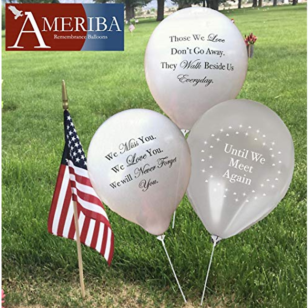 30PC Biodegradable Remembrance Balloons: White & Silver Personalizable Funeral Balloons for Balloon Releases & Sympathy Gifts | Created/Sold by AMERIBA, a USA company (Variety Pk White, Black Writing)