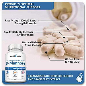 MaxX Labs D Mannose Capsules - Fast Acting 1400 MG Extra Strength DMannose Capsule for Bladder Health with Potent Cranberry Extract & Hibiscus Flower Supports UTI Relief Supplement - 120 Ct