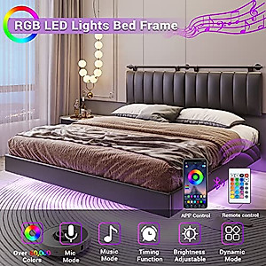 DICTAC King Floating Bed Frame with LED Lights and Wall Mounted Headboard Modern Upholstered Platform Low Profile LED Bed Frame King Size, No Box Spring Needed, Noise Free, Easy Assembly,Black