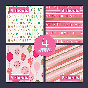 Plum Designs Gift Wrapping Paper Sheets- Happy Birthday Wrapping Paper Girl, Fun Wrapping Paper for Birthday Girl, 14 Sheets Gift Wrap Paper (Cute Fun Theme) (Kraft Birthday THeme) (Pretty Pink Designs)