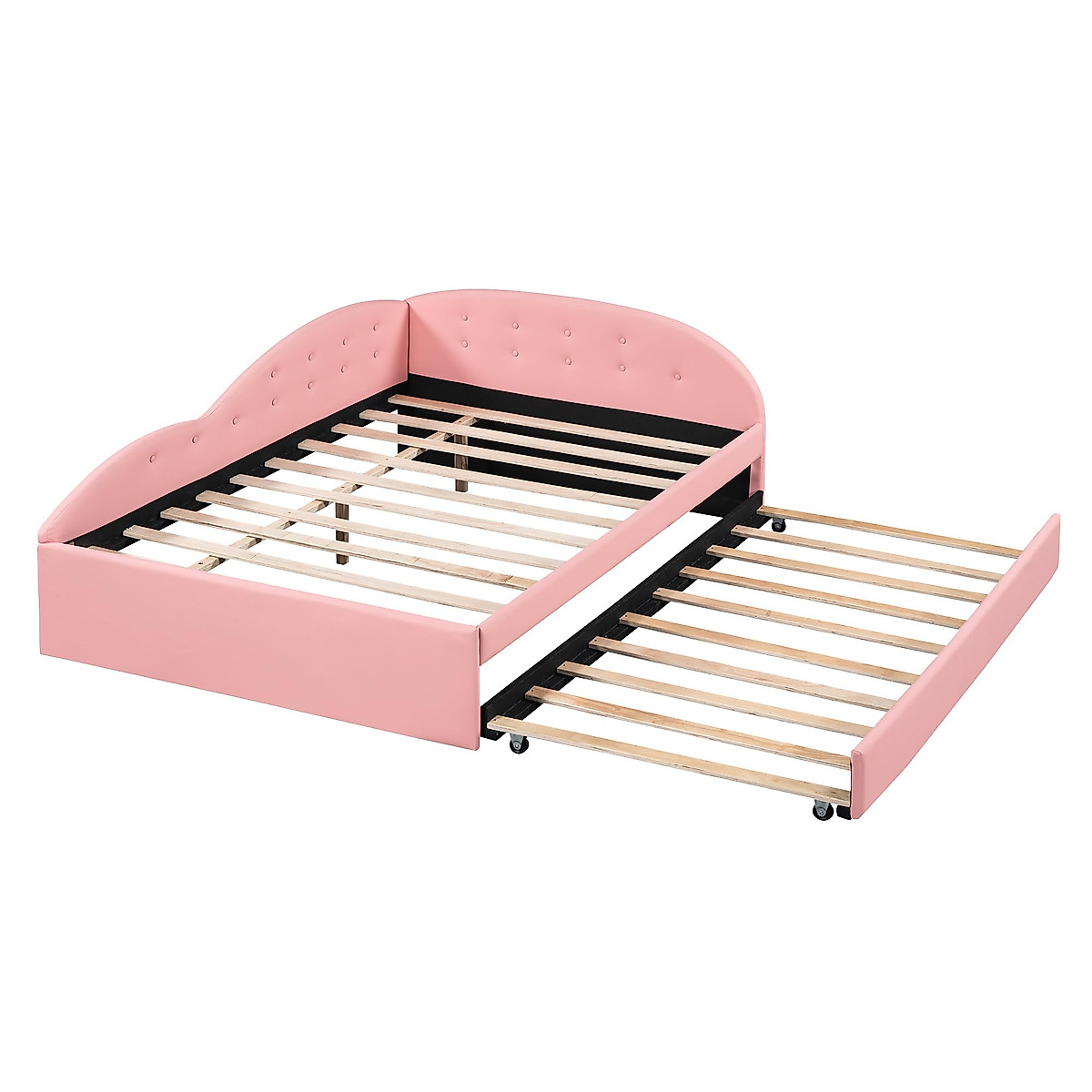 Acosure Full Size PU Upholstered Tufted Daybed with Twin Size Trundle and Cloud Shaped Guardrail,No Box Spring Required,Sofa Bed Frame for Kids Boys Girls Bedroom,Living Room,Pink