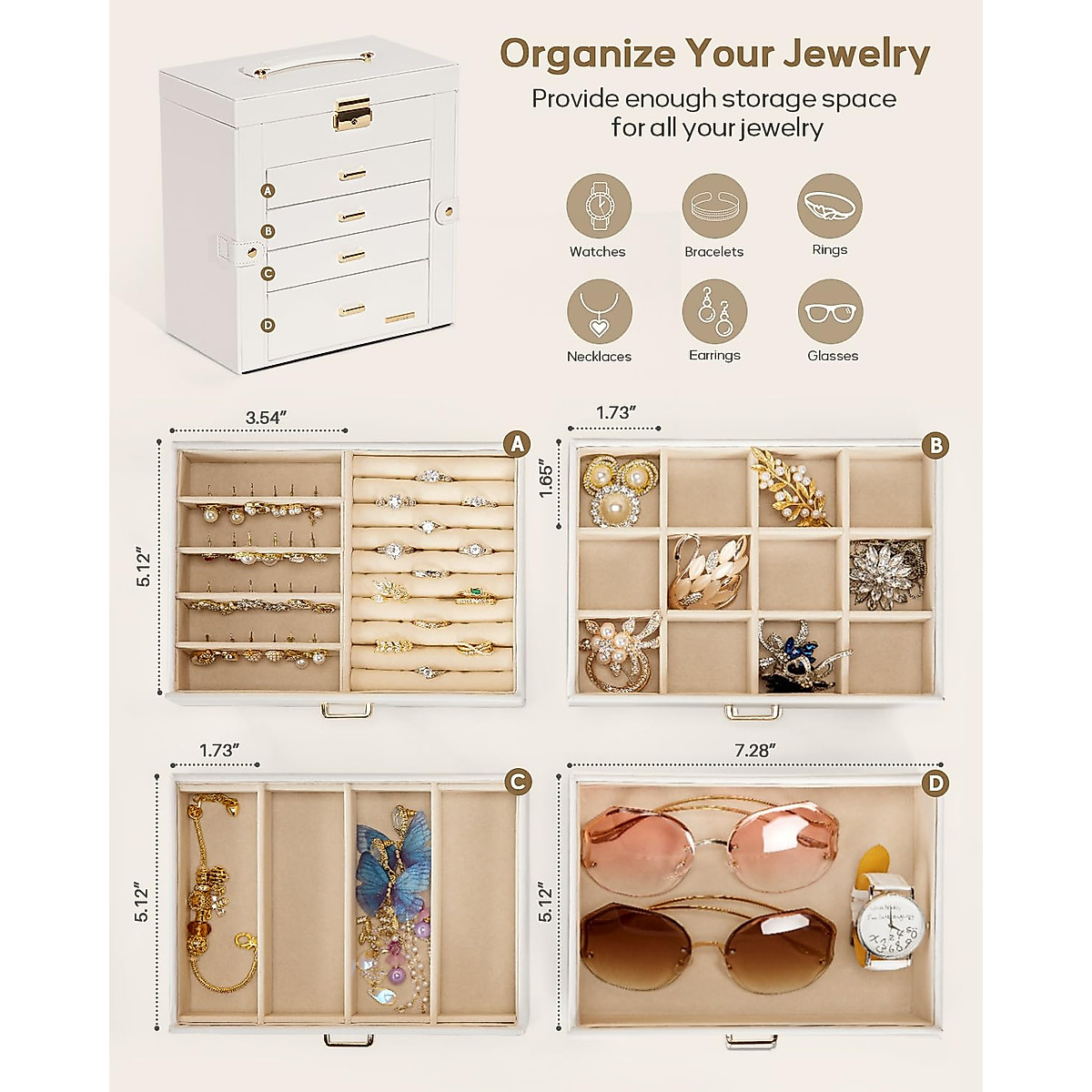 Homde Synthetic Leather Huge Jewelry Box Mirrored Watch Organizer Necklace Ring Earring Storage Lockable Gift Case (White + Gold)