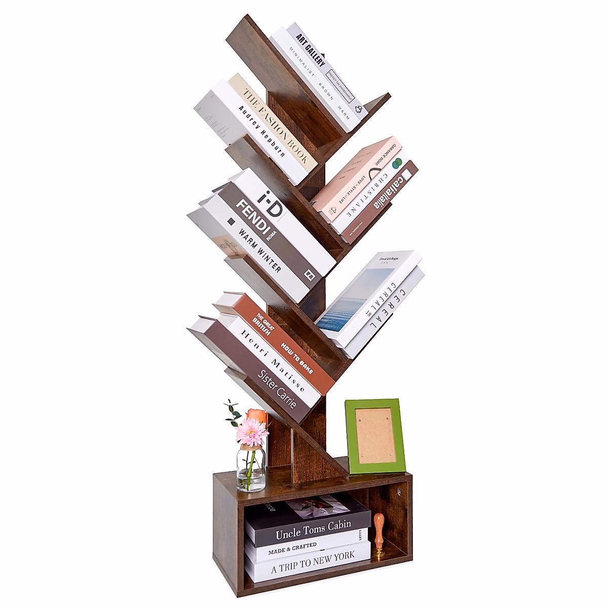 ohohFLOWER Tree Bookshelf 6 Layers with Drawers Retro Book Holder Rustic Brown Wooden Floor Standing Bookshelf for Living Room,Bedroom,Home Office Modern Bookcase