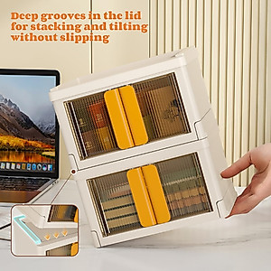 VIVASIGHT Stackable Storage Bin with Lid, Clear Plastic Desk Storage Box, Office Desktop Organization, Makeup Organizer Containers Organizing Desktop Closet Playroom Classroom Office (brown, 1 tier)