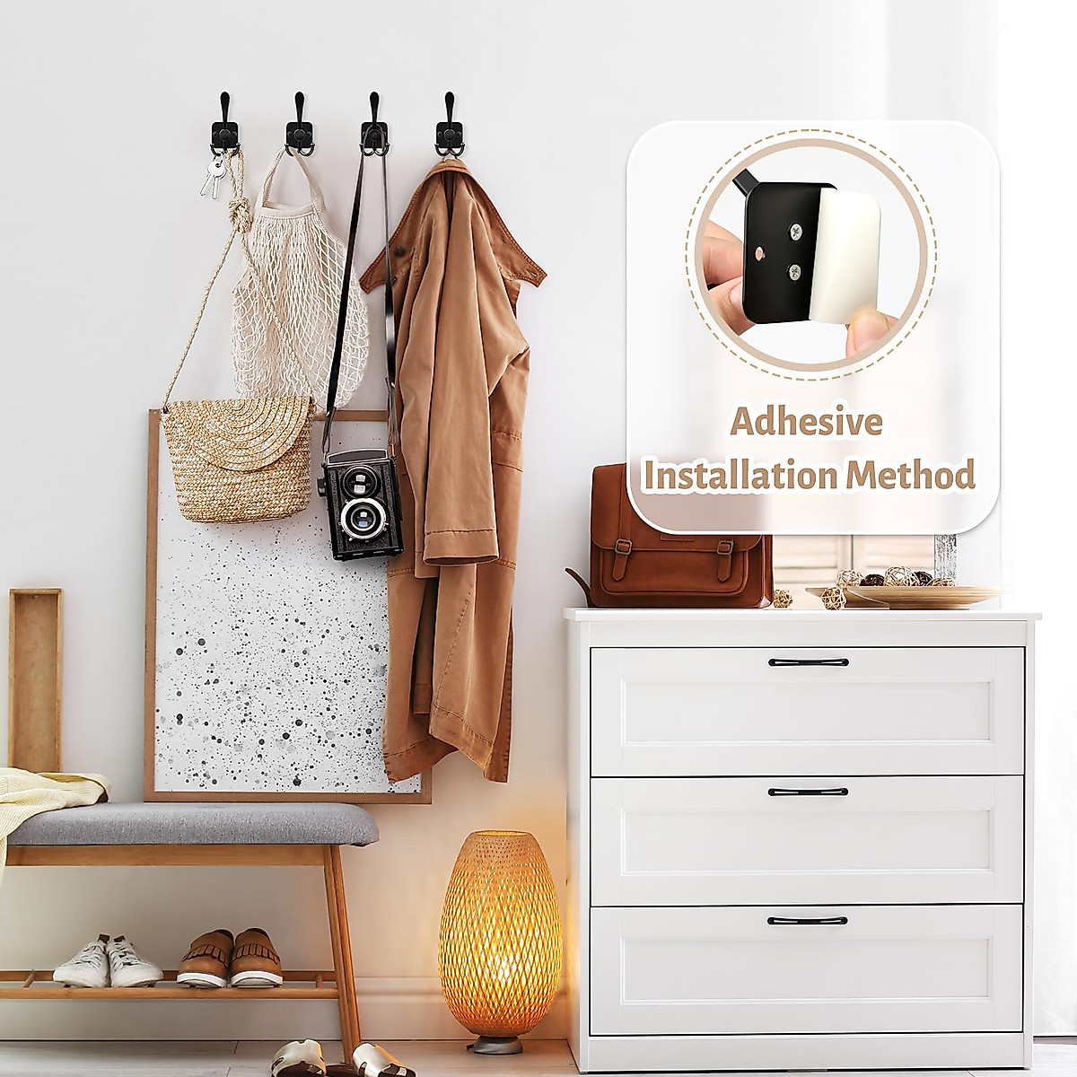 VIS'V Coat Hooks Wall Mount, Black Metal Coat Tri Hooks Heavy Duty Adhesive 3 Prong Coat Hanger Hooks Door Wall Coat Rack Hooks for Livingroom Bathroom Camper 2 Mount Options - 4 Pcs