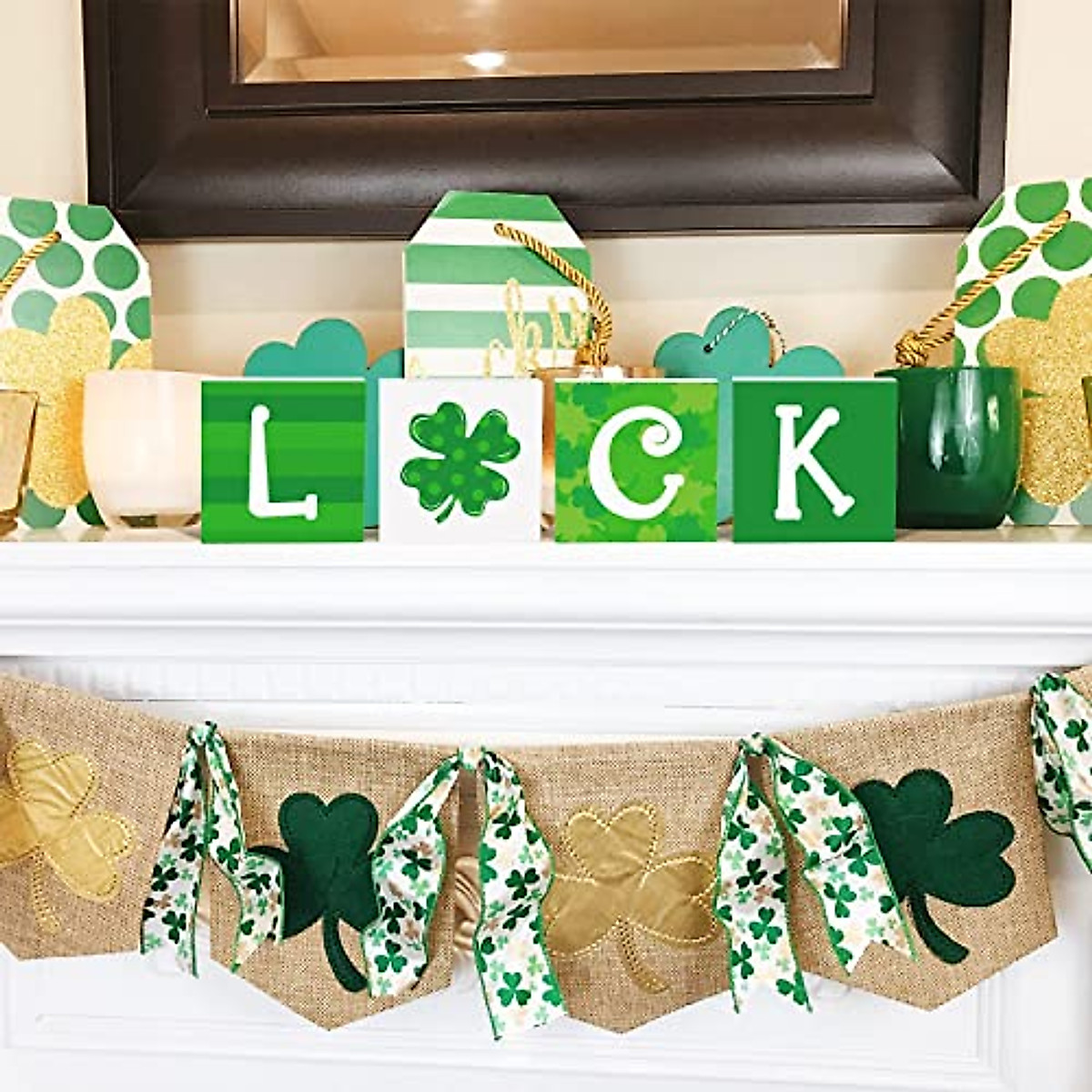 St. Patrick's Day Tiered Tray Decor Reversible Valentine's Day Wooden Sign St Patricks Decorations Lucky Shamrock Love Luck Heart Self-Standing Blocks Table Sign for Kitchen Irish Party Table Decor